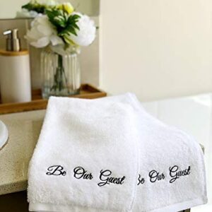 'Be Our Guest' Embroidered White Hand Towels for Bathroom with Gift Box - Set of 2 - Extra Absorbent 100% Cotton Hand Towel Set - 571GSM - 14 x 30 inches - Gifts for Bathroom - Be Our Guest Decor