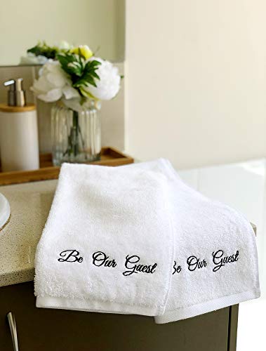 'Be Our Guest' Embroidered White Hand Towels for Bathroom with Gift Box - Set of 2 - Extra Absorbent 100% Cotton Hand Towel Set - 571GSM - 14 x 30 inches - Gifts for Bathroom - Be Our Guest Decor