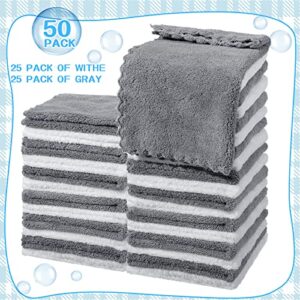 50 Pcs 12 x 12 Inches Hand Towels Quick Drying Microfiber Coral Velvet Highly Absorbent Towels Washcloths Soft Absorbent Face Towel Coral Fleece Wash Cloths for Hotel Bath Bathroom Baby Spa Gray White