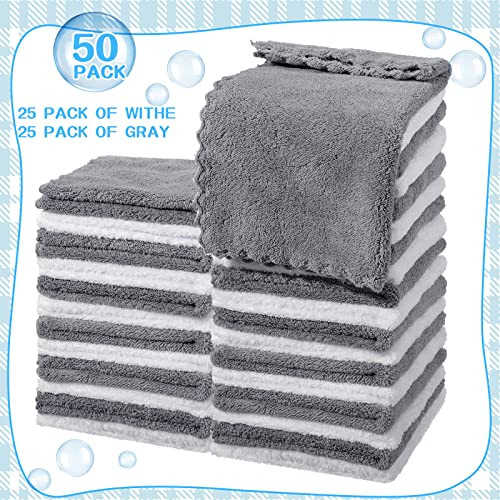 50 Pcs 12 x 12 Inches Hand Towels Quick Drying Microfiber Coral Velvet Highly Absorbent Towels Washcloths Soft Absorbent Face Towel Coral Fleece Wash Cloths for Hotel Bath Bathroom Baby Spa Gray White