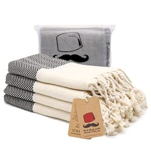 turkish hand towel set of 4 herringbone peshtemal towel 100% cotton 45x20" light weight thin quick dry hand bath hair gym face tea kitchen set farm house decor decorative bathroom towel (black)