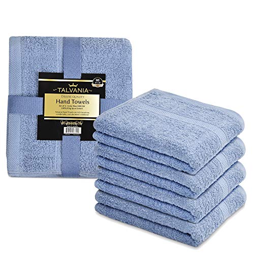 TALVANIA Hand Towels - 100% Cotton Bathroom Towel Set Hotel Spa Quality 600GSM - Super Soft Absorbent - Use for Home Bath Hand Face - 16” X 28” - Set of 4 (Blue)