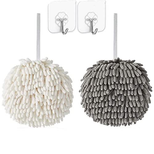 WEIWODUZUN 2 Pack Fuzzy Ball Towel White and Gray, Dry Your Hand Instantly conveniently with This Creative Bath Towel Set Towels for Bathroom Kitchen Chenille Hand Towels (2 Pack + 2 Hooks)