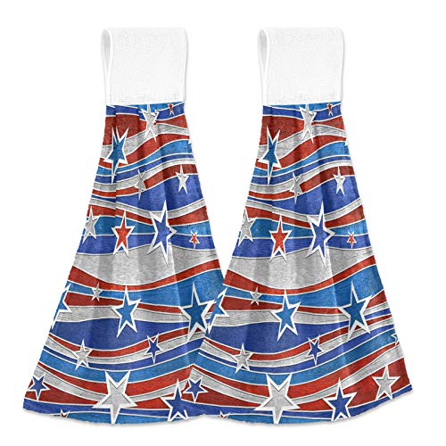 Red Blue Stars Memorial Day Kitchen Hanging Towel 12 x 17 Inch Wood 4Th of July Hand Tie Towels Set 2 Pcs Tea Bar Dish Cloths Dry Towel Soft Absorbent Durable for Bathroom Laundry Room Decor