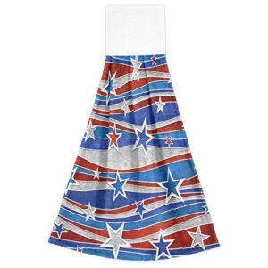 Red Blue Stars Memorial Day Kitchen Hanging Towel 12 x 17 Inch Wood 4Th of July Hand Tie Towels Set 2 Pcs Tea Bar Dish Cloths Dry Towel Soft Absorbent Durable for Bathroom Laundry Room Decor