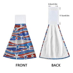 Red Blue Stars Memorial Day Kitchen Hanging Towel 12 x 17 Inch Wood 4Th of July Hand Tie Towels Set 2 Pcs Tea Bar Dish Cloths Dry Towel Soft Absorbent Durable for Bathroom Laundry Room Decor