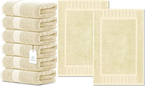 White Classic Luxury Hand Towels | 6 Pack Luxury Bath Mat | 2 Pack Bundle (Beige)