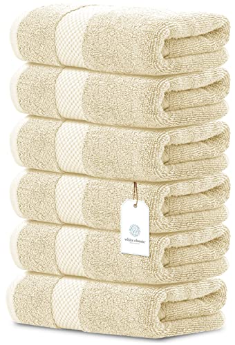 White Classic Luxury Hand Towels | 6 Pack Luxury Bath Mat | 2 Pack Bundle (Beige)