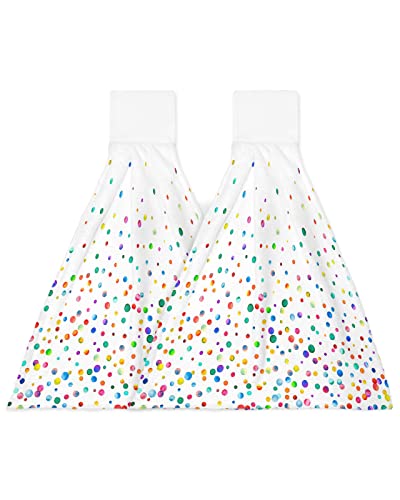 Colorful Texture Kitchen Towels with Hanging Loop 2 Pack, Absorbent Hand Towels for Bathroom, Gradient Watercolor Polka Dot White Hand Kitchen Towel Tea Bar Dish Cloths Tie Towel 18"x14"