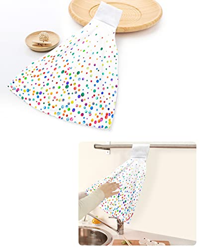 Colorful Texture Kitchen Towels with Hanging Loop 2 Pack, Absorbent Hand Towels for Bathroom, Gradient Watercolor Polka Dot White Hand Kitchen Towel Tea Bar Dish Cloths Tie Towel 18"x14"