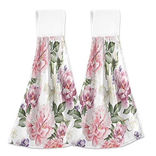 Alaza Vintage Floral Pink Chic Peony Kitchen Towels with Hanging Loop Absorbent & Fast Drying Dishtowels Set of 2