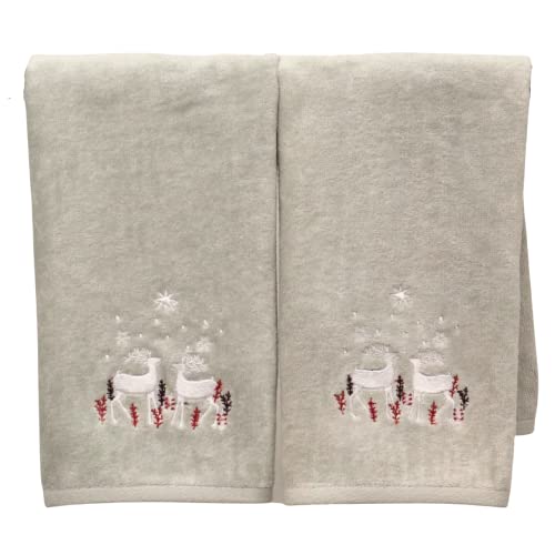 Holiday Christmas Cotton Towels: Noble Reindeer Buck Deer Design, Gray Silver Red White, Set of 2