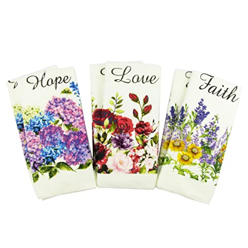 Sunflower Garden Faith, Hope, and Love Floral Hand Towels 24''x15'', Set of 6, White