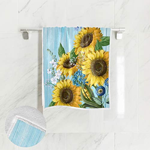 Granbey Sunflowers Hand Towels Cute Flowers on Blue Wooden Board Bathroom Hand Towels Bright Yellow Floral Decorative Bath Towels Ultra Soft Absorbent Guest Fingertip Towel