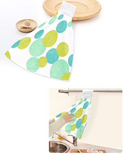 CyCoShower Hanging Hand Towels Kitchen Towel Simple Blue and Lime Green Polka Dots Bathroom Hand Towels with Loop Tie Towels Soft,Absorbent Tea Bar Towels,2pcs