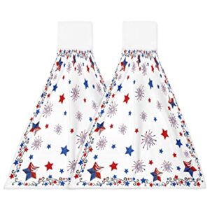 ZFUNCING Hand Tie Towel Set of 2,Memorial Day Patriotic Blue and Red Star Hanging Kitchen Towels with Loop,Absorbent Tea Bar Dish Towel Fast Drying Towels for Bathroom,Swirling Stripe on White