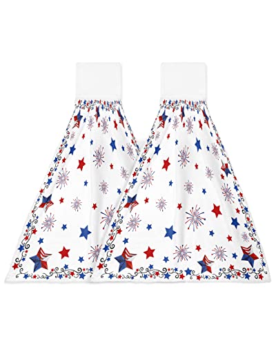 ZFUNCING Hand Tie Towel Set of 2,Memorial Day Patriotic Blue and Red Star Hanging Kitchen Towels with Loop,Absorbent Tea Bar Dish Towel Fast Drying Towels for Bathroom,Swirling Stripe on White