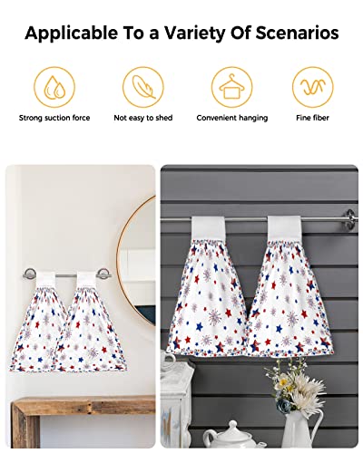 ZFUNCING Hand Tie Towel Set of 2,Memorial Day Patriotic Blue and Red Star Hanging Kitchen Towels with Loop,Absorbent Tea Bar Dish Towel Fast Drying Towels for Bathroom,Swirling Stripe on White