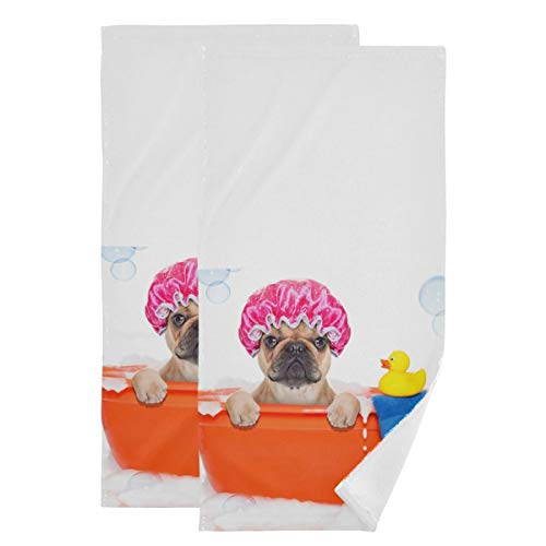 DOMIKING Decorative Hand Towels for Bathroom - French Bulldog Cotton Guest Towel Set of 2 Absorbent Fingertip Towel for Hotel Gym Sports Bathroom