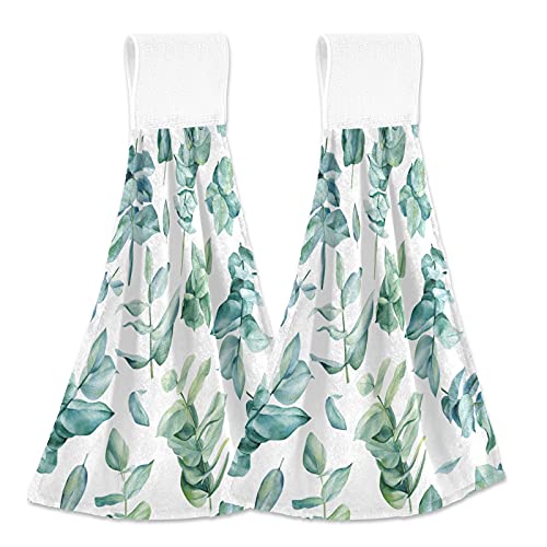 Green Eucalyptus Leaf Tropical Plant Hanging Kitchen Towels 2 Pieces Absorbent Tie Towel Dish Cloth Soft Hand Towel Tea Bar Towels for Bathroom Restroom Home Decor