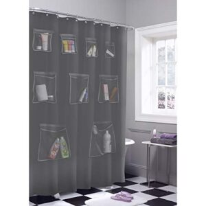 maytex mesh pockets peva shower curtain and bath organizer with 9 storage pockets, grey, 70 x 72 inches