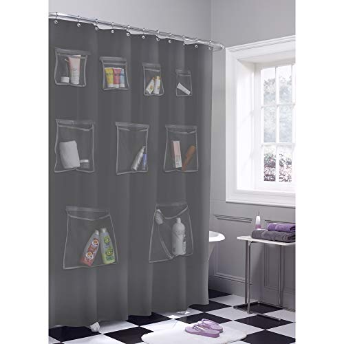 MAYTEX Mesh Pockets PEVA Shower Curtain and Bath Organizer with 9 Storage Pockets, Grey, 70 x 72 Inches