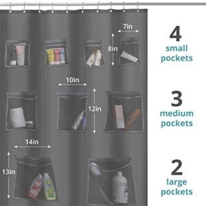 MAYTEX Mesh Pockets PEVA Shower Curtain and Bath Organizer with 9 Storage Pockets, Grey, 70 x 72 Inches