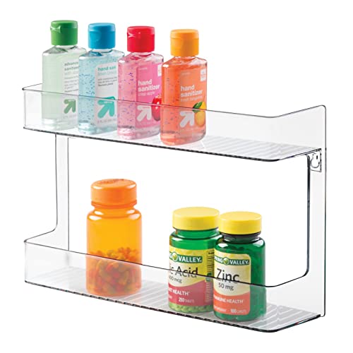 mDesign Plastic Wall Mount, 2 Tier Storage Organizer Shelf for Bathroom, Kitchen; Holds Vitamins, Supplements, Aspirin, Medicine Bottles, Nail Polish, Cosmetics and More, Ligne Collection - Clear