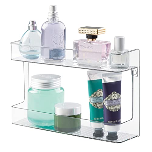 mDesign Plastic Wall Mount, 2 Tier Storage Organizer Shelf for Bathroom, Kitchen; Holds Vitamins, Supplements, Aspirin, Medicine Bottles, Nail Polish, Cosmetics and More, Ligne Collection - Clear