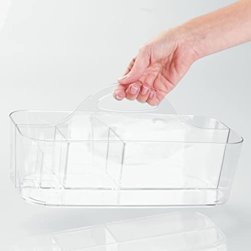 mDesign Plastic Divided Shower Organizer Basket Caddy Tote with Handle - Storage for Bathroom or Dorm - Holds Hand Soap, Shampoo, Sponges, Scrubs, and Body Wash - Lumiere Collection - Clear