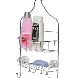 Bath Bliss Design Chrome, Resistant, 2 Tier Contoured Caddy, Over The Shower Head, Rust Proof, Bathroom Organizer with Hooks for Hanging Razor, Sponge, Shampoo Holder