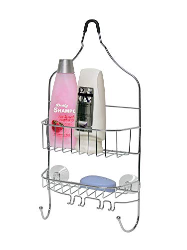 Bath Bliss Design Chrome, Resistant, 2 Tier Contoured Caddy, Over The Shower Head, Rust Proof, Bathroom Organizer with Hooks for Hanging Razor, Sponge, Shampoo Holder