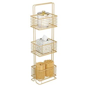 mdesign slim metal wire 3 tier free-standing bathroom shelving unit, small narrow storage organizer tower rack with 3 basket bins - holds tissues, hand soap, toiletries - soft brass