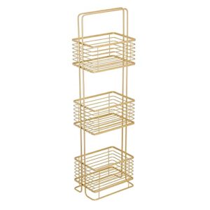 mDesign Slim Metal Wire 3 Tier Free-Standing Bathroom Shelving Unit, Small Narrow Storage Organizer Tower Rack with 3 Basket Bins - Holds Tissues, Hand Soap, Toiletries - Soft Brass