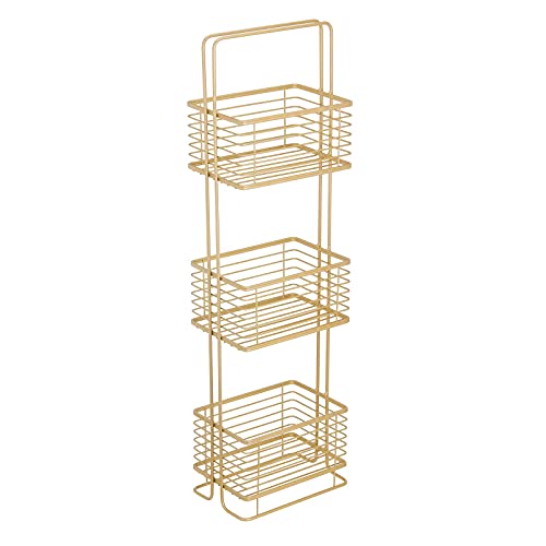 mDesign Slim Metal Wire 3 Tier Free-Standing Bathroom Shelving Unit, Small Narrow Storage Organizer Tower Rack with 3 Basket Bins - Holds Tissues, Hand Soap, Toiletries - Soft Brass