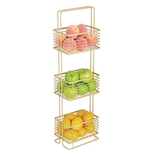 mDesign Slim Metal Wire 3 Tier Free-Standing Bathroom Shelving Unit, Small Narrow Storage Organizer Tower Rack with 3 Basket Bins - Holds Tissues, Hand Soap, Toiletries - Soft Brass