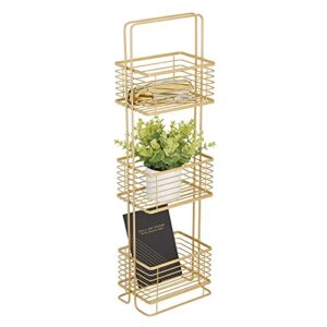 mDesign Slim Metal Wire 3 Tier Free-Standing Bathroom Shelving Unit, Small Narrow Storage Organizer Tower Rack with 3 Basket Bins - Holds Tissues, Hand Soap, Toiletries - Soft Brass