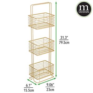 mDesign Slim Metal Wire 3 Tier Free-Standing Bathroom Shelving Unit, Small Narrow Storage Organizer Tower Rack with 3 Basket Bins - Holds Tissues, Hand Soap, Toiletries - Soft Brass