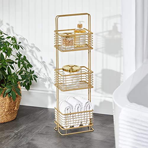 mDesign Slim Metal Wire 3 Tier Free-Standing Bathroom Shelving Unit, Small Narrow Storage Organizer Tower Rack with 3 Basket Bins - Holds Tissues, Hand Soap, Toiletries - Soft Brass