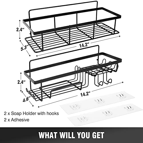 XQZT Shower Caddy,2-Pack Adhesive Shower Shelf, No Drilling Rustproof Wall Sticker Shower shelves,For bathroom/toilet/kitchen etc.(Matte Black)