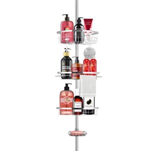 lucalda corner shower caddy tension pole, stainless steel pole organizer, rustproof shower corner shelf, adjustable shower shelf with 4 tier baskets and 1 towel bar, 59-110 inches, silver