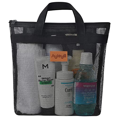 KPX Shower Caddy Mesh Tote Bag, Mesh Shower Bag, Quick Dry Toiletry Bath Bag Portable, Hanging Bath Organizer for College Dorm,Beach, Gym, Swimming, Yoga and Travel (1pcs, Black)