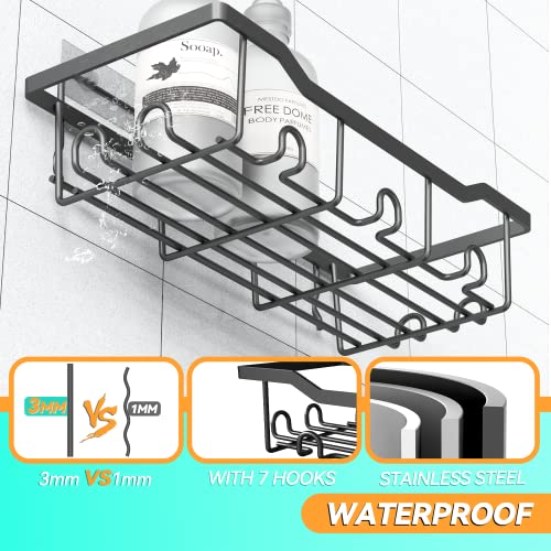 Super Strong Adhesive Shower Shelves for Inside Shower, Sturdy 3 mm Thickness Wire Shower Caddy with 7 Hooks, No Drilling Wall Mount Bathroom Organizer, Stainless Steel, Large Capacity, 5 Pack, Black