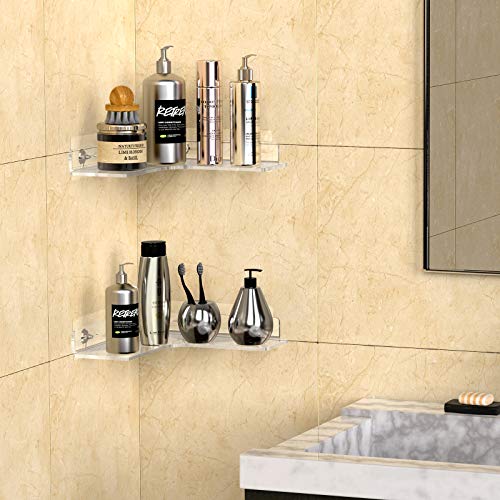 GeekDigg 2 Pack Corner Shower Caddy Shelf, Acrylic Wall Mounted Bathroom Shelf with No Drilling Traceless Adhesive, Bathroom Storage Organizer Rack for Toilet, Dorm, and Kitchen (L-Shaped)