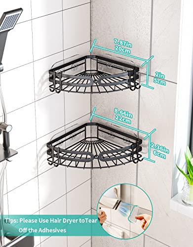 HapiRm 2 Pack Corner Shower Caddy with 4 Removable Hooks, No Drilling Shower Organizer Corner with Adhesives, Stainless Steel Shower Shelf for Bathroom, Kitchen and Bedroom-Black