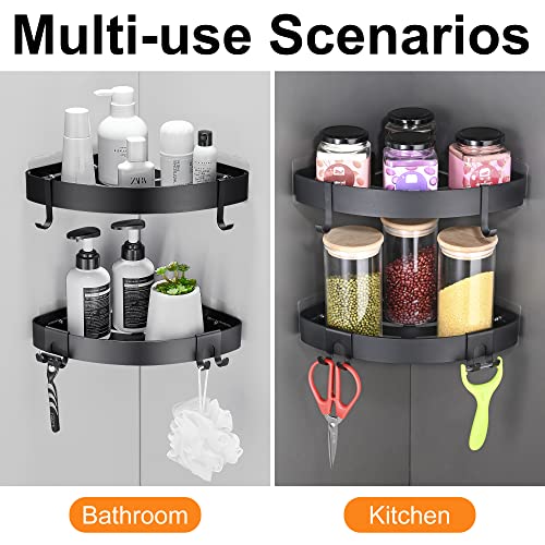 DUFU Adhesive Corner Shower Caddy with Hooks,Bathroom Shower Organizer, No Drilling Rust Proof Aluminum Shower Shelf for Inside Shower 2 Pack (Black)