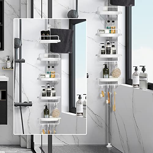 DYN Ptah Shower Caddy Corner - 5-Tier 95-116 Inch Rustproof Adjustable, Stainless Steel Tension Pole Shower Caddy Corner for Bathroom Storage, White