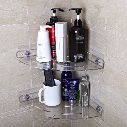 JINSHVEG Acrylic Corner Shower Caddy 2 Packs, Shower Caddy Shelf, Clear Bathroom Organizer Shelf Storage Wall Mounted, Adhesive No Drilling for Bathroom, Toilet, Kitchen and Dorm