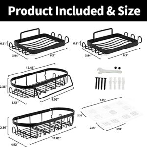 4 Pack Adhesive Shower Caddy, Stainless Steel Shower Organizer Basket Shelf with Hooks, Shower Shelves Wall Mounted for Bathroom & Kitchen Storage (Black)