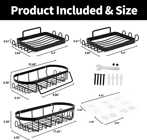 4 Pack Adhesive Shower Caddy, Stainless Steel Shower Organizer Basket Shelf with Hooks, Shower Shelves Wall Mounted for Bathroom & Kitchen Storage (Black)